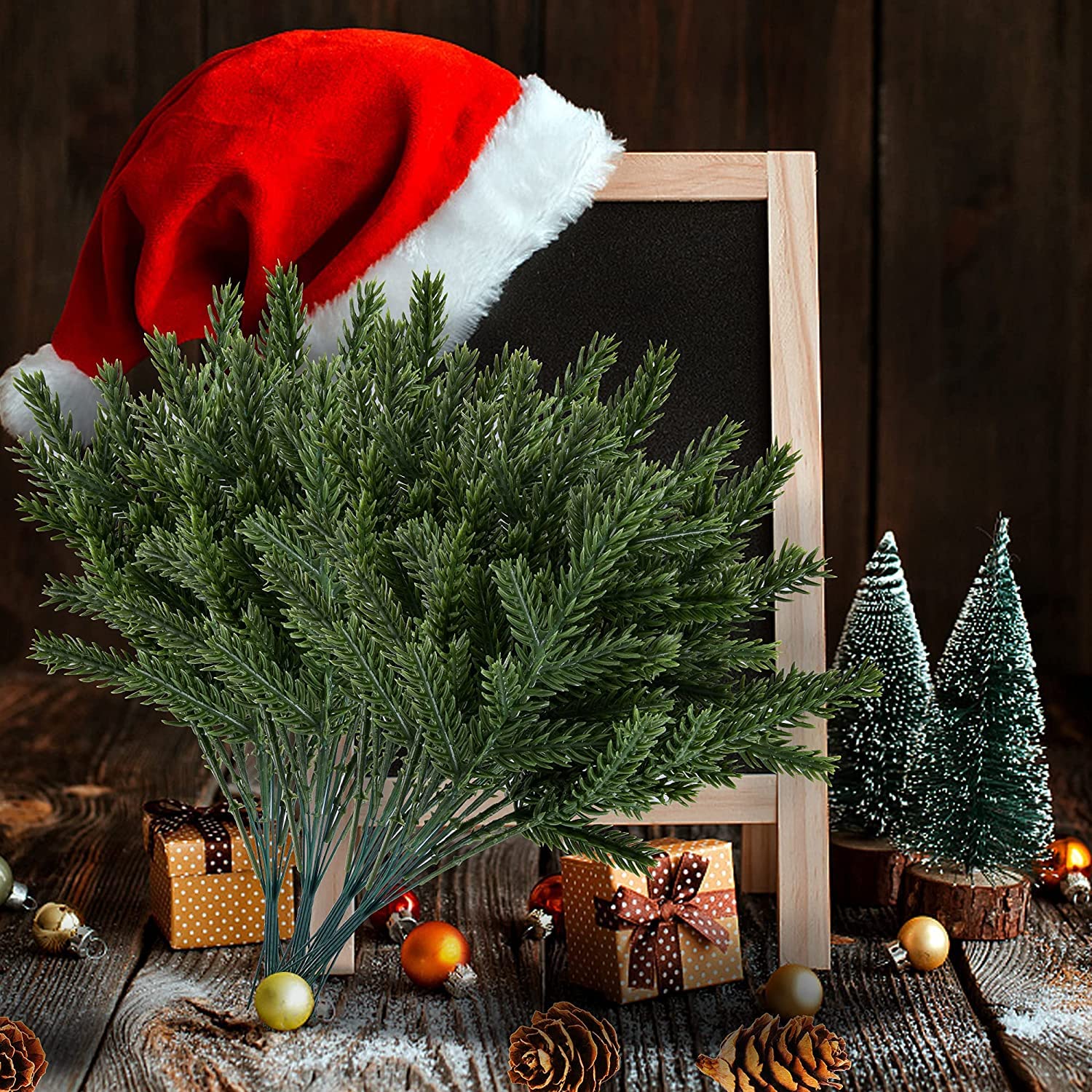 Alpurple 70 Packs Artificial Pine Needles Branches Garland-6.7x2.0 Inch Green Plants Pine Needles-Fake Greenery Pine Picks for DIY Garland Wreath Christmas and Home Garden Decor(70PCS)