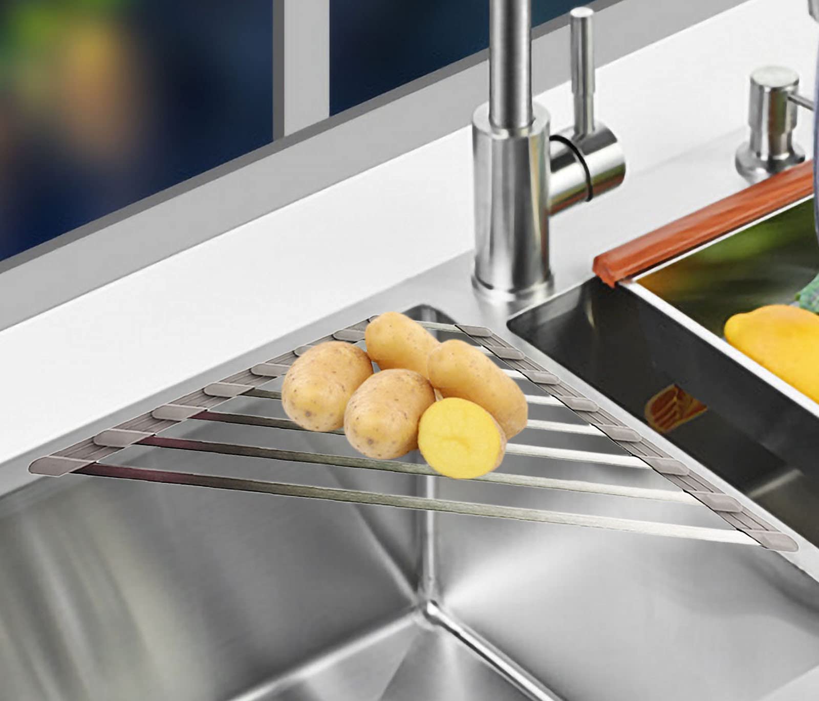Ahyuan Corner Sink Dish Drainer Over The Sink Dish Drying Rack Corner Dish Rack SUS304 Cubic Stainless Still Kitchen Sponge Holder Corner Sink Sponge Caddy Dish Rack (Gray)