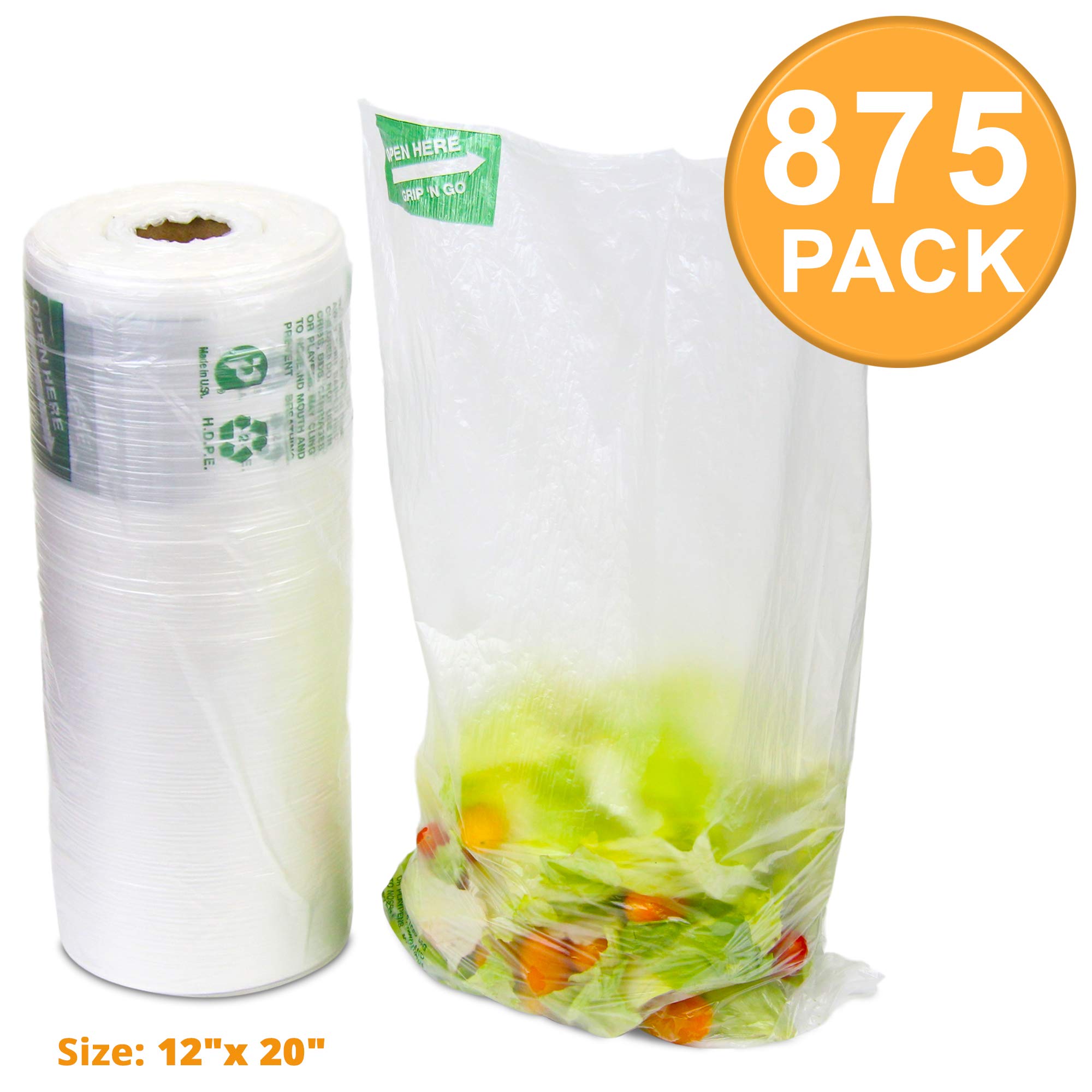 875 Ct 12"x 20" Large Plastic Produce Bag Roll, US Made HDPE, Durable Clear Food Storage Saver for Fruit Vegetable Bakery Snack Grocery Bags
