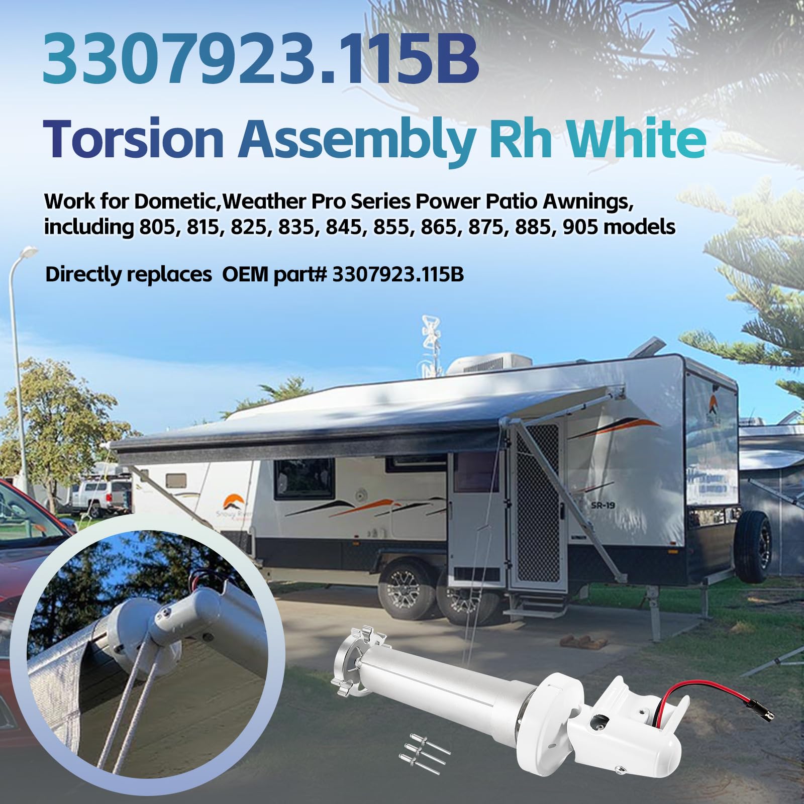 3307923.115B Awning Torsion Assembly White for Dometic WeatherPro Power Patio Awning Power Awning Motor RV Awning RH Drive Head Assembly