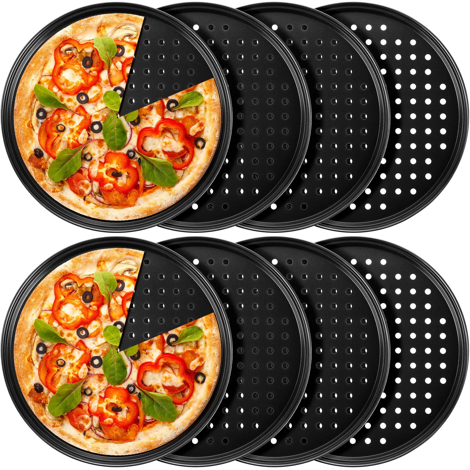 8 Pieces Pizza Pan With Holes 12 Inch Round Pizza Pan Carbon Steel Perforated Non-Stick Tray Tool Pizza Storage Container Nonstick Baking Supplies Home Restaurant Kitchen Steel Crisper Pizza Pan Set
