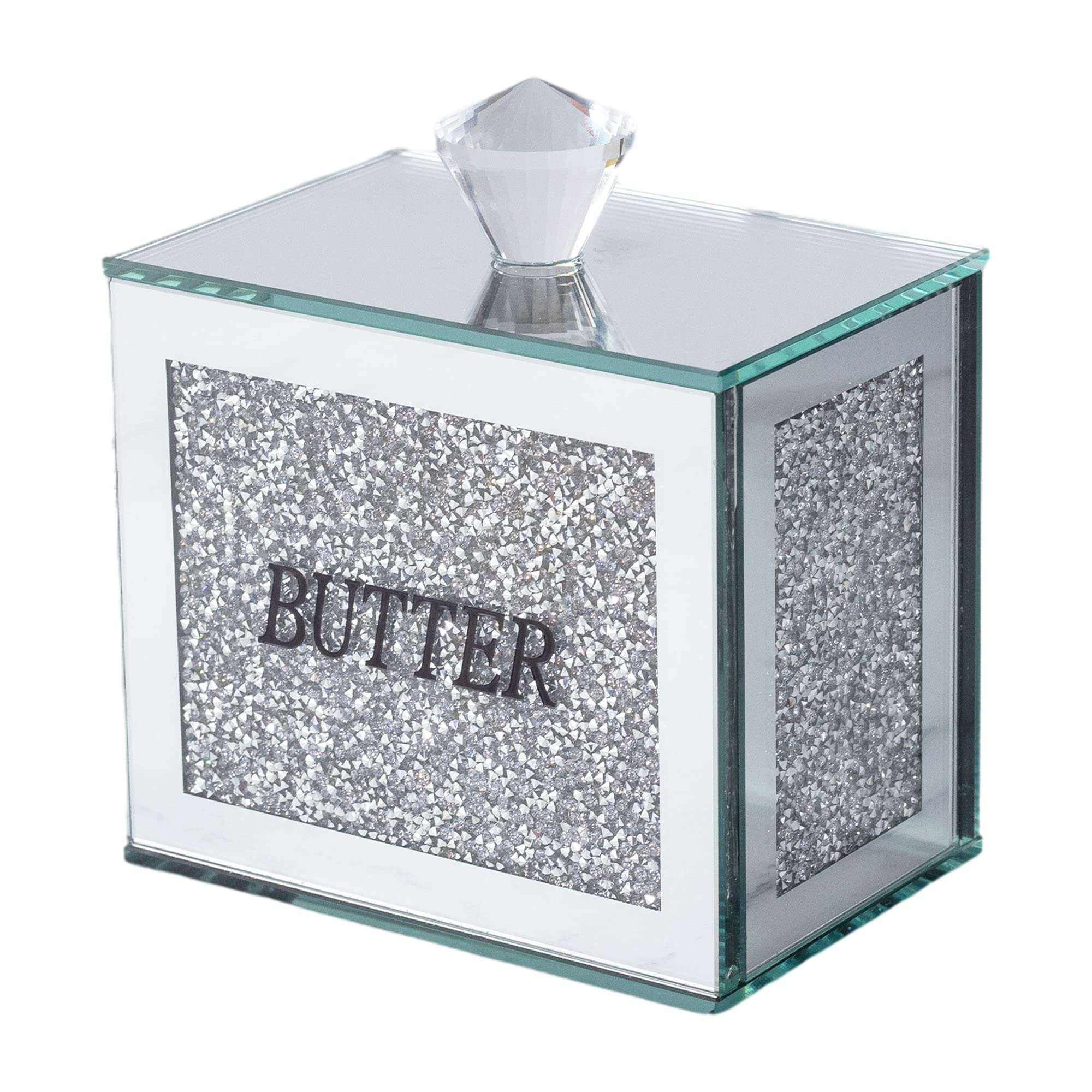 5.9"x3.9"x5.1" Butter Container Box with Lid, Glass Cheese Tank Storage Box Filled with Sparkly Crystal Crushed Diamonds, Keep Butter Cheese Fresh & Sparkle, Ideal for Kitchen, Dining Room