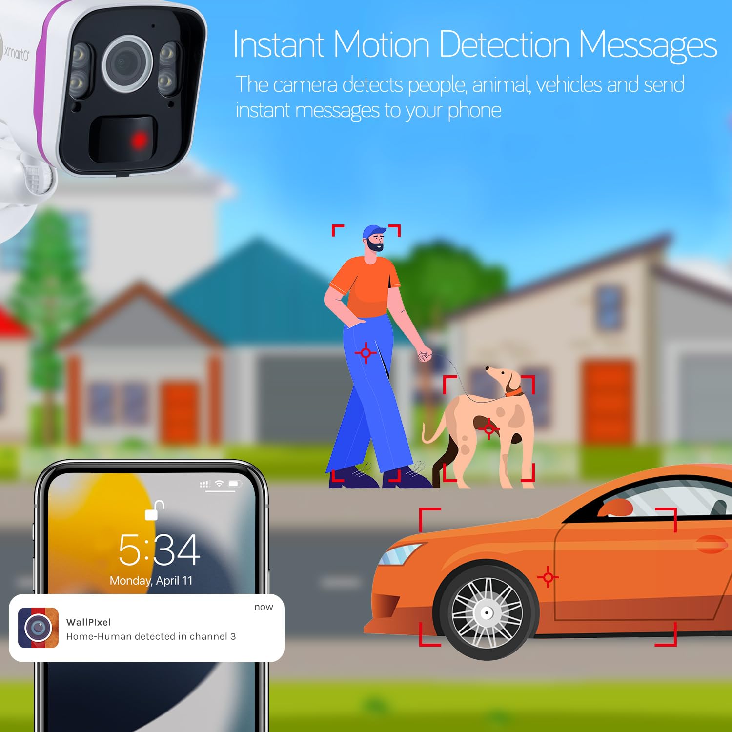 XMARTO 100% Wire-Free 4MP HD Solar Security Camera Wireless for Home Surveillance (All-Weather Solar Charge, AI Motion Detection, Spot Light and Siren, SD, NVR & Cloud Storage)