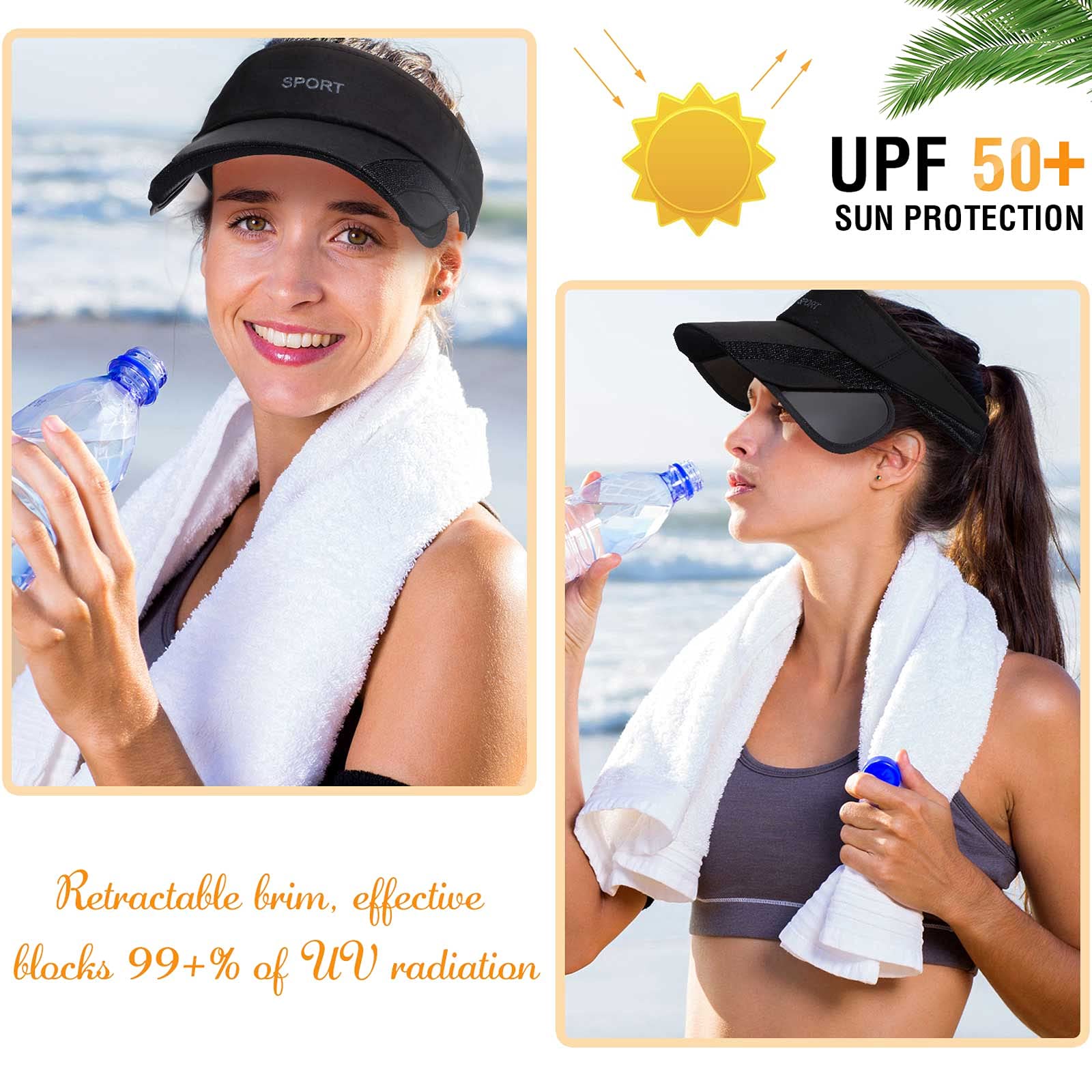 3 Pcs Sun Protection Women Sports Visor Hats, Adjustable Wide Brim Sun Hat (Black, Sky Blue, Pink)