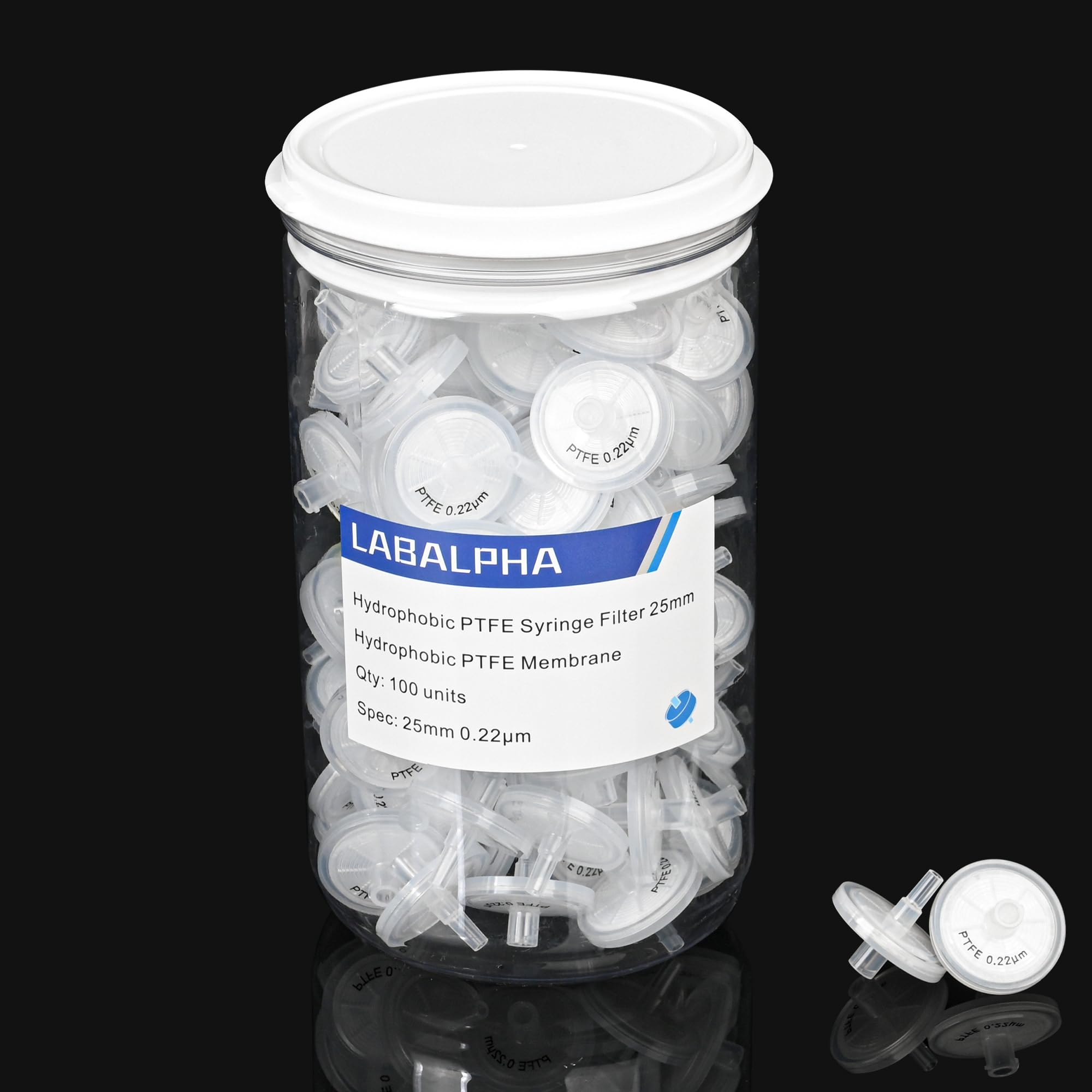 LABALPHA Syringe Filters PTFE 100 Pack Lab Filters Pore Size Hydrophobic Filtration (25mm 0.22Îźm)
