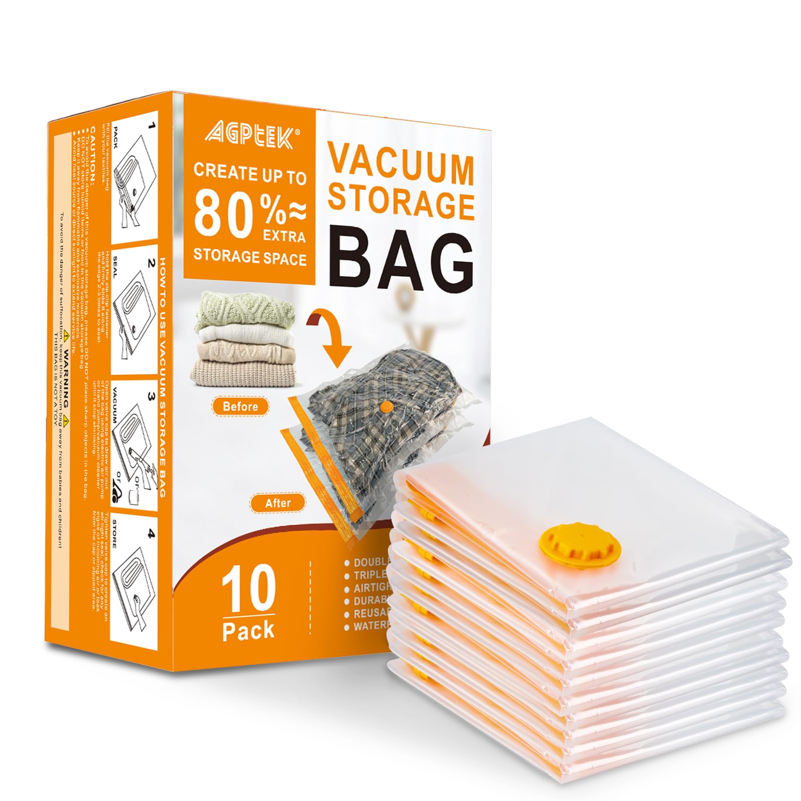 AGPTEK Large Vacuum Bags, 10 Bags a Set, Durable & Reusable Storage Bags- Perfect Space-Saving Solution for Clothes, Blankets, Comforters, and More. Ideal for Home Storage and Travel(No Pump Include)