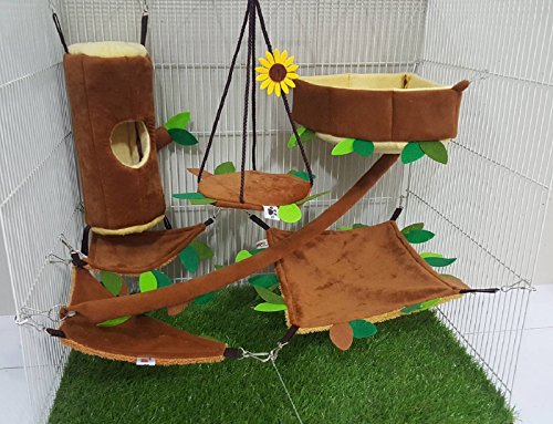 HOT! 7 Pcs/Set Cute Sugar Glider Hamster Marmoset Squirrel Chinchillas Small Pet Hanging Log + Edge Corner Light Brown Cage Set Forest Pattern Get Free 1 Small Pet Treats, PB's REPUBLIX