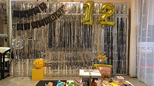 Moohome 2 Pack Silver Foil Fringe Curtain, Fringe Backdrop Curtains for Birthday Wedding Engagement Bridal Shower Bachelorette Party Decorations