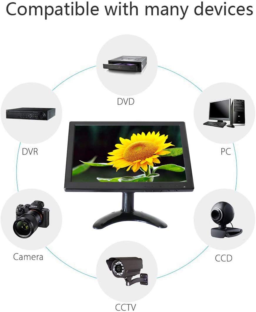 WHOLEV 10.1 inch CCTV HDMI Monitor 1280X800 IPS Color Screen Home Security Monitor with AV/VGA/BNC/HDMI Input Built-in Speaker for Raspberry Pi