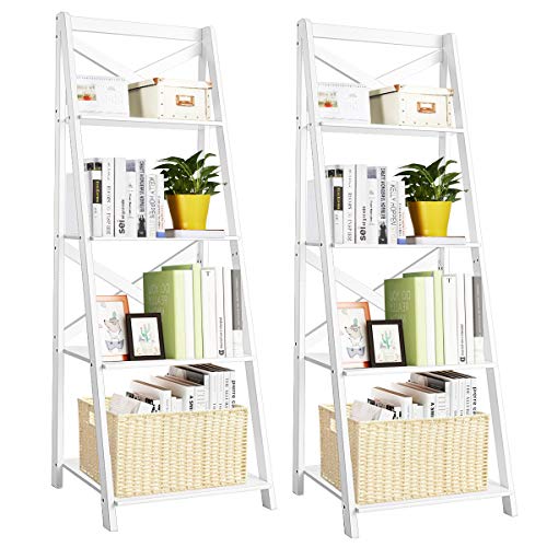 Tangkula 4-Tier Ladder Shelf Bookcase Leaning Free Standing Wooden Frame Decor Bookshelf Storage Flower Shelf Plant Display Shelf for Home Office (White, 2)