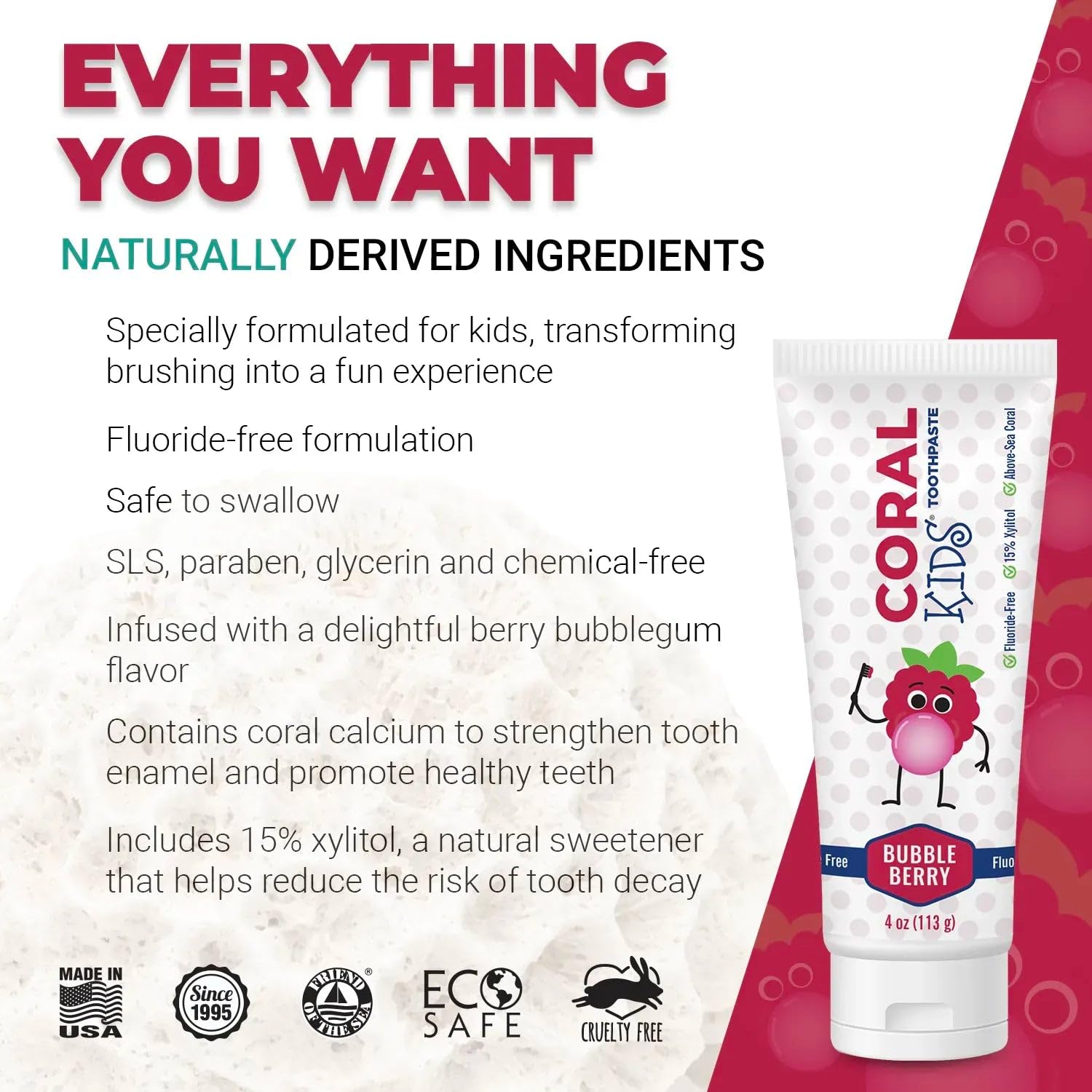 Coral White Kids Bubble Berry Fluoride Free Toothpaste - 4 Ounces (1 Pack)
