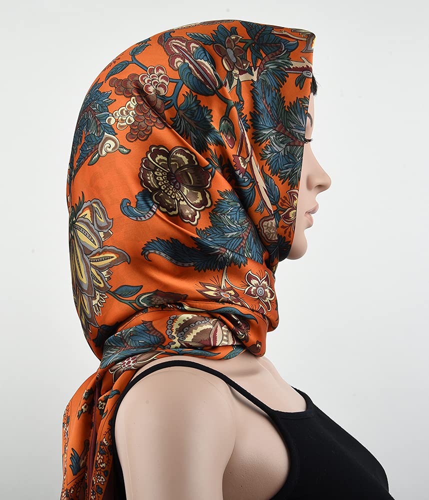 corciova Large Lightweight Women Square Designer Silk Scarf Shawl Pashmina Wrap 53 x 53 Safety Orange Burgundy Florals