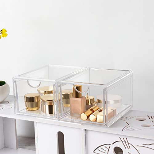 AMEITECH Stackable Cosmetic Organizer Drawers, Acrylic Clear Makeup Organizer, Vanity Container Drawer for Cosmetics, Skin Care, Hair Accessories, Bathroom Counter or Dresser - Set of 2