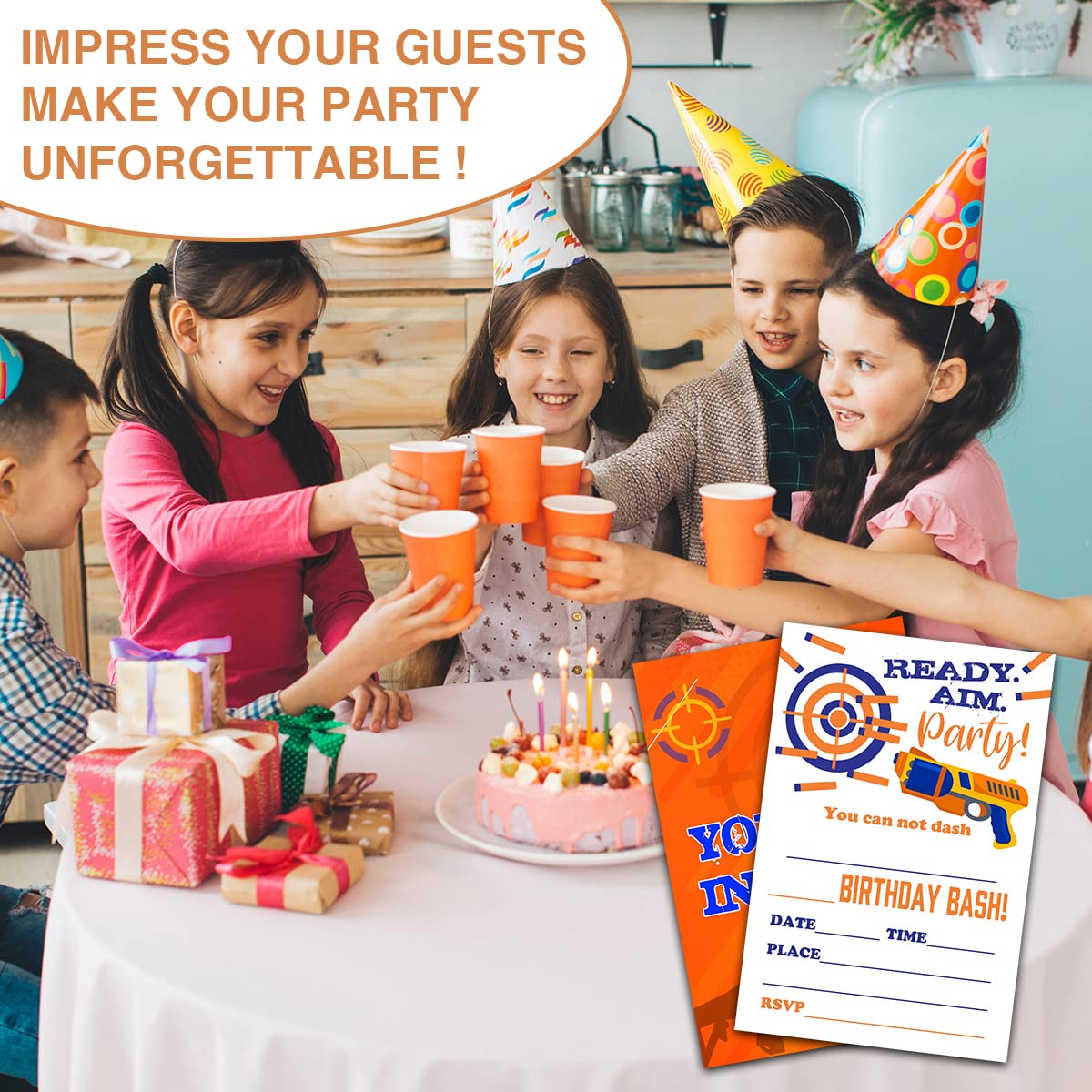 NYCTUG Blaster Gun Birthday Invitation(4" X 6"), Dart War Party Double-Sided Invites- 20 Invitations With Envelopes-Personalized Party Supplies-A26