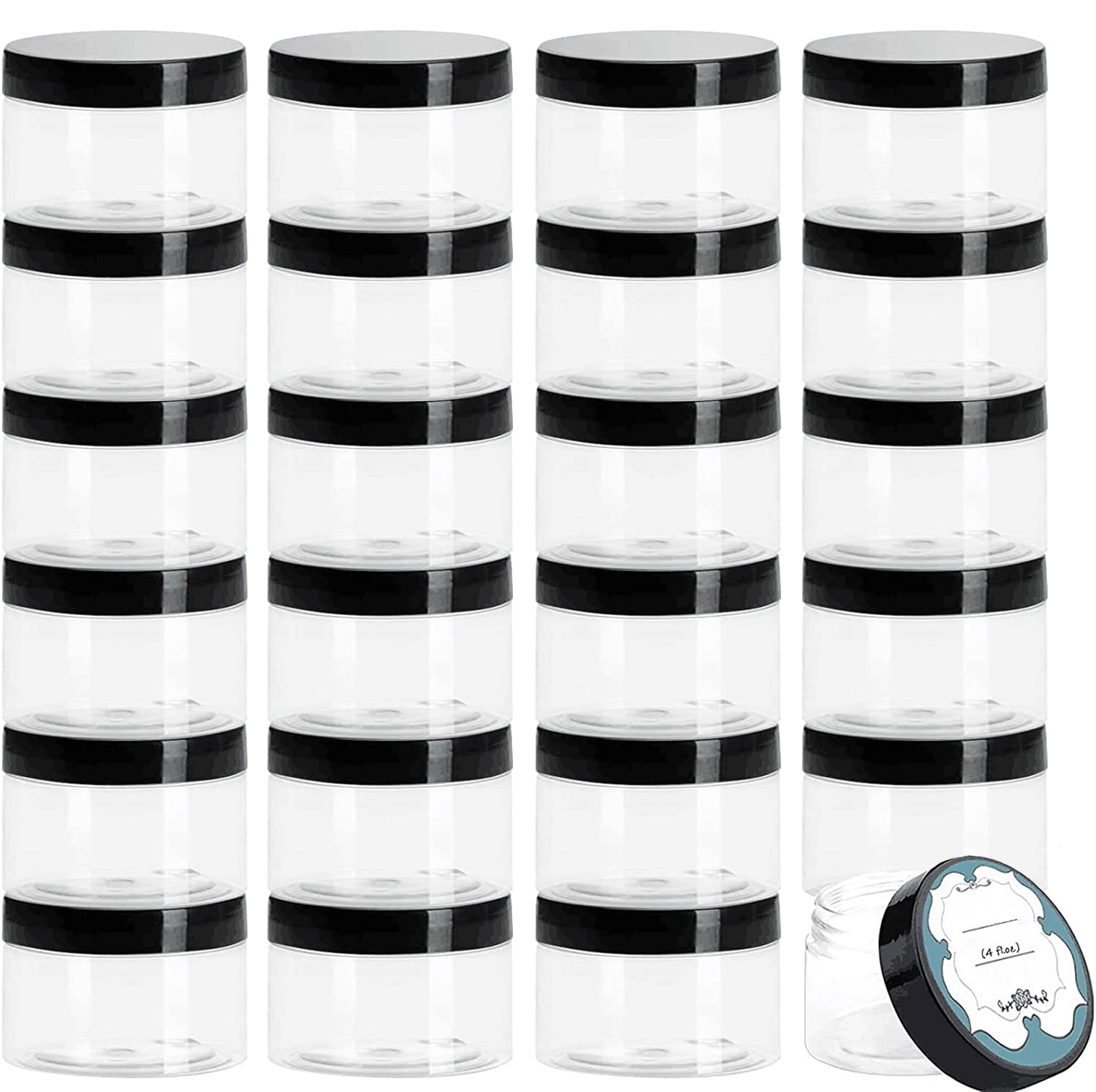 Qeirudu 4 oz Plastic Jars with Lids and Labels, 24 Pack BPA Free Empty Containers Clear Round Cosmetic Jars for Sugar Scrubs, Body Butter, Lotion, Creams