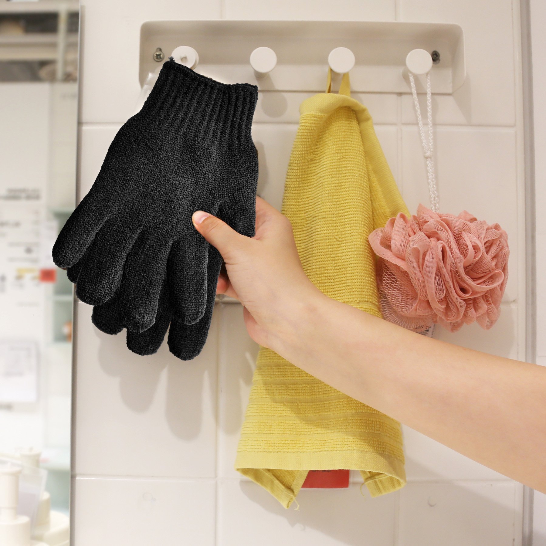 MIG4U Exfoliating Shower Gloves for Bath, Premium Nylon Body Wash Bathing Gloves for Men Women Spa, Massage and Skin Scrub, Dead Skin Remover with Hanging Loop, Black, Large