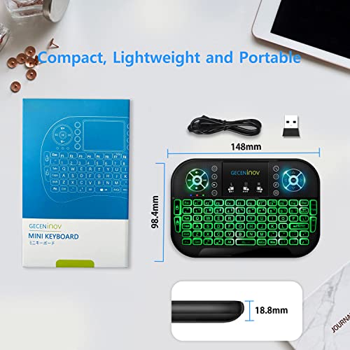 Gecen Mini Wireless Keyboard with RGB Backlit, 2.4GHz Wireless Mini Keyboard Rechargeable Controller with Touchpad Mouse Combo, Compatible with Android TV Box, IPTV, HTPC, Smart TV, PC,etc.