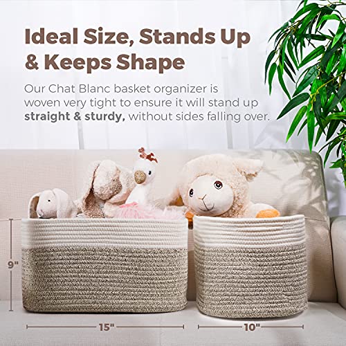 Cotton Rope Basket for Storage | 15"x10"x9" Set of 3 Large Storage Baskets for Organizing with Handles, works as Cloth Baskets, Blanket Basket, Big Woven Laundry Basket or Black Toy Bin like White Wicker Laundry Baskets
