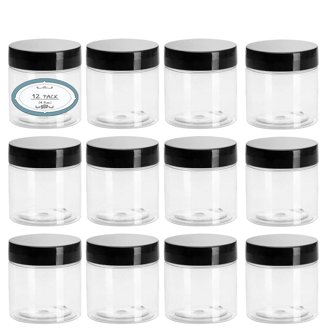 Qeirudu 4 Oz Plastic Jars with Lids 12-Pack, Empty Refillable Clear Plastic Containers with Lids and labels, Round BPA Free Containers For Slime, Scrubs, Body Butter, Lotion and other Beauty Products