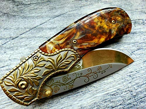 8.25" Gold Floral Rose Etch Spring Assisted Folding Tactical Pocket Stainless Steel Blade Knife