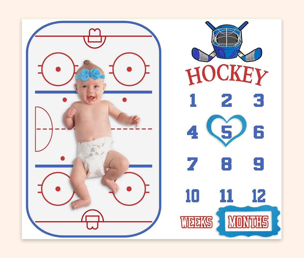 PHMOJEN Baby Age Milestone Blanket, Hockey Stadium Blanket for Nursery, Baby 1-12 Months Growth Chart, Includes 4 Frame and 1 Headband 47"x40" BTLSPH298