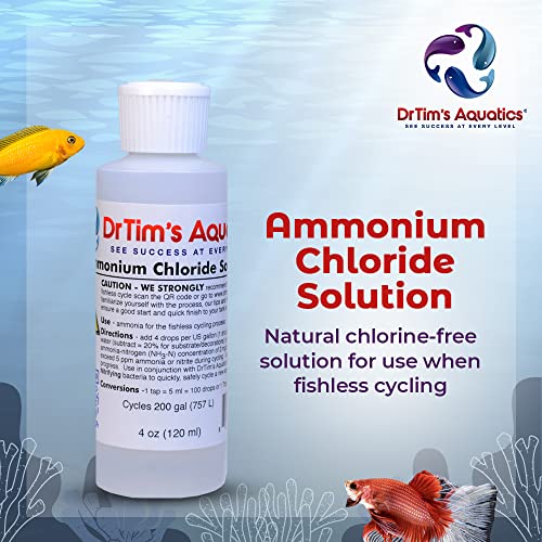 DrTim’s Aquatics Ammonium Chloride Solution for Fishless Cycling - 4 oz, Treats 200 gal. – Fish Tank Cleaner for Saltwater, Freshwater & Reef Aquariums