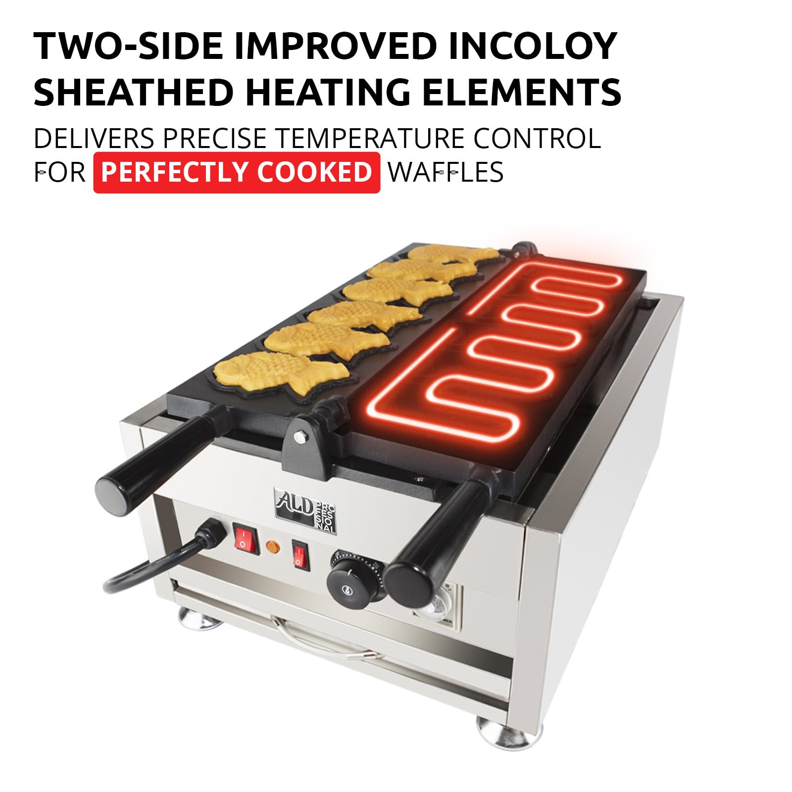 ALDKitchen Taiyaki Fish Waffle Maker | Electric Taiyaki Machine | Fish Shaped Waffle Cones | Stainless Steel Professional | Nonstick Coating | 110V (Six Fishes)