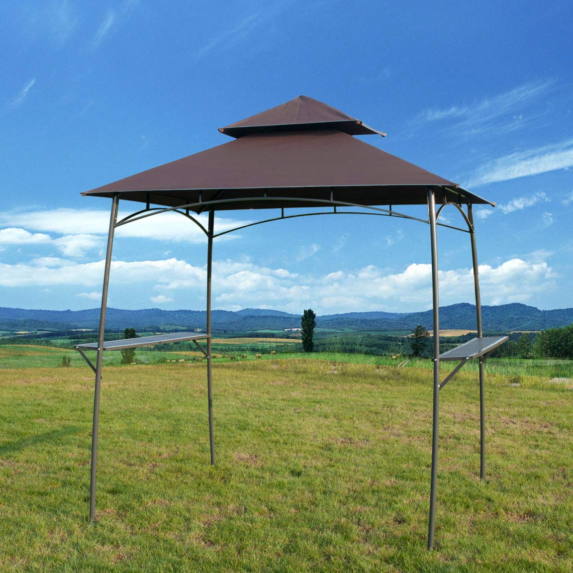 8x5 Ft Barbecue Metal Grill Gazebo Tent Pergola BBQ Canopy Sun shelter for Outdoor Patios Deck Yard Balcony W/Lights 2-Tier Vent Brown Soft Top Roof