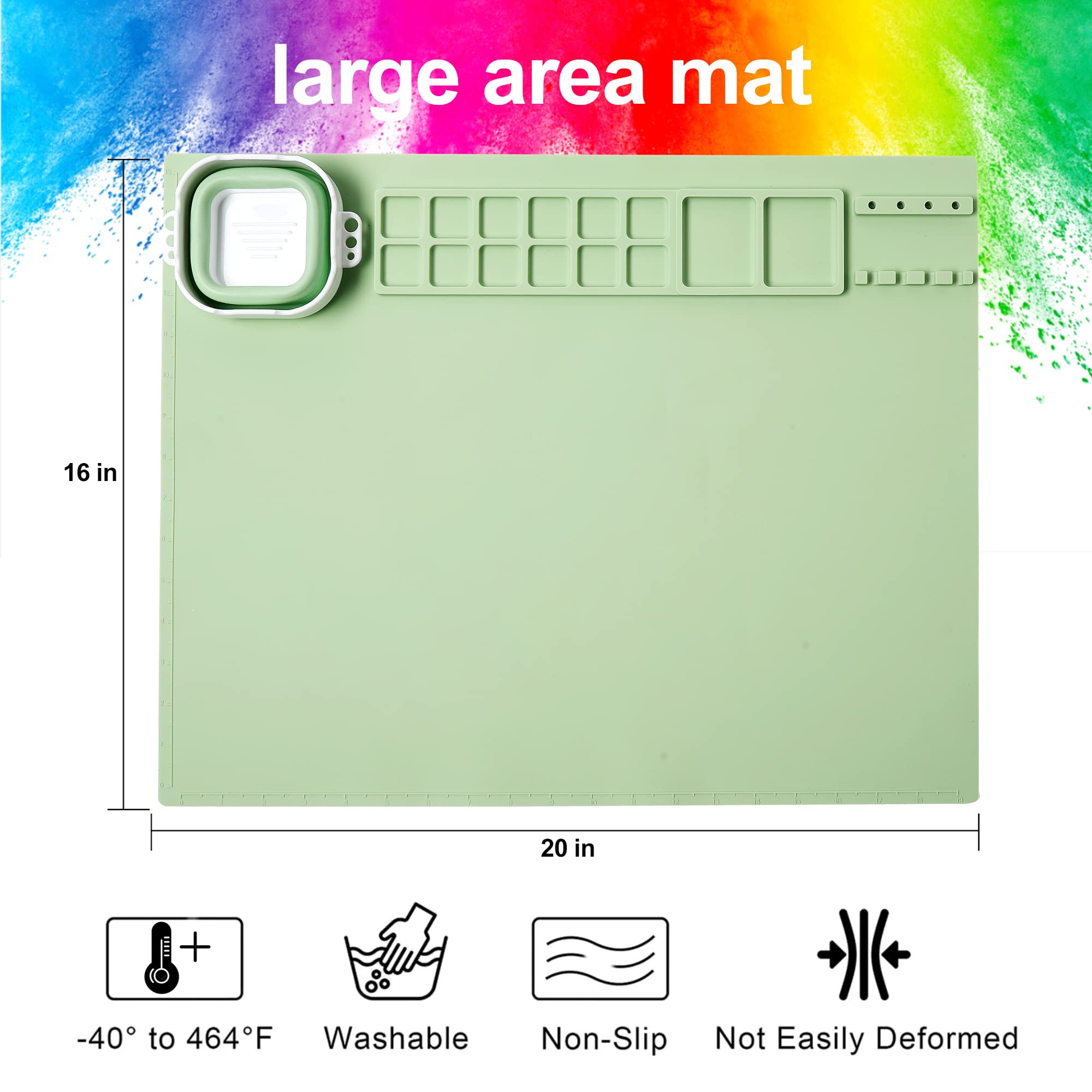 AWOKE Silicone Painting Mat - 20"X16" Silicone Art Mat with 1 Water Cup for Kids - Silcone Craft Mat has12 Color Dividers - 2 Paint Dividers (Green)