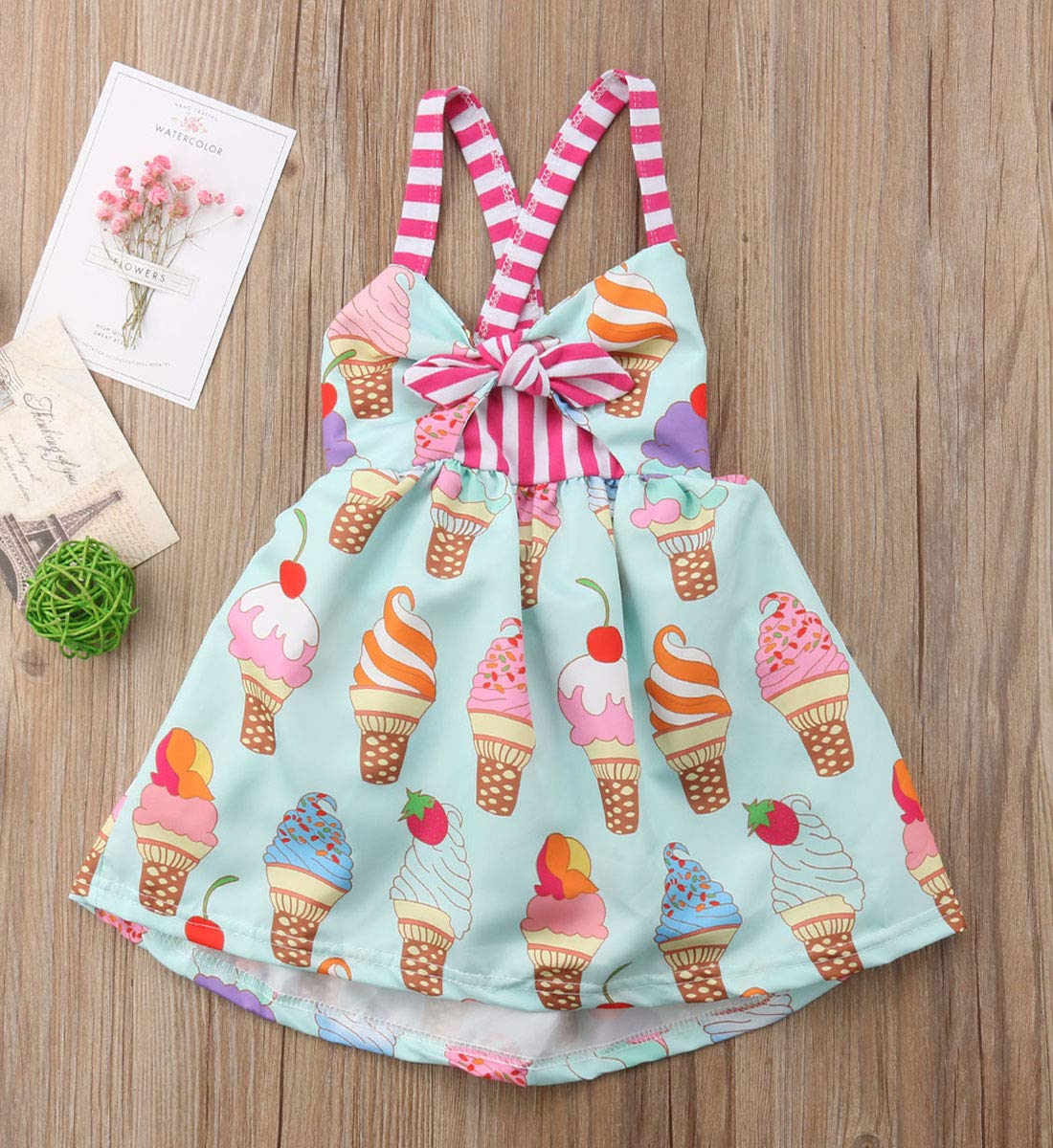 YOUNGER TREE Toddler Baby Girls Summer Skirt Ice Cream Print Sleeveless Strap Backless Dress (Green, 3-4 T)