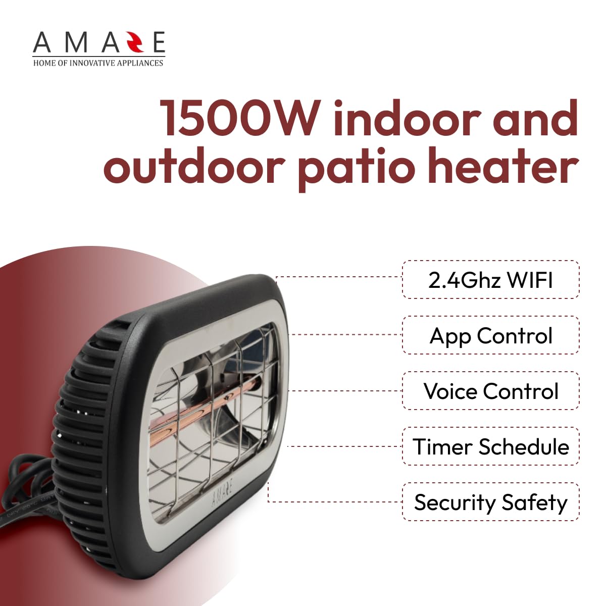 Amaze Electric Halogen Infrared Wifi Patio Heater 1500w with Smart WIFI Plug for Outdoor, Indoor, Patio, Backyard, and Garage heater