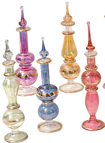 CraftsOfEgypt Genie Blown Glass Miniature Perfume Bottles for Perfumes & Essential Oils, Set of 5 Decorative Vials, Each 4" High (12cm), Assorted Colors