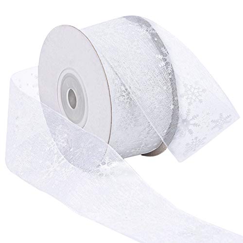 Livder 1.6 Inch Wide Christmas Snowflake Sheer Organza Ribbon for Xmas Gift Wrapping, Tree, Wreath, Party Decoration, 25 Yards (White)