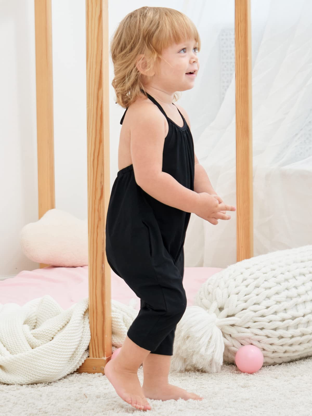 Lindanina Slouch Jumpsuit for Toddlers Harem Strap Romper Little Girls Backless Halter Playsuit with Pockets Cute Solid One Piece(Black, 2-3T)