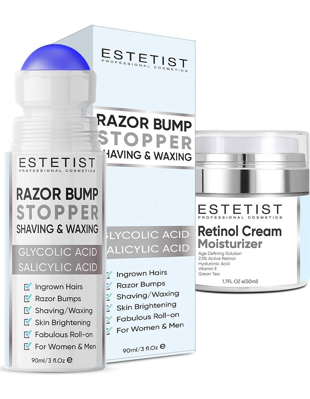 Razor Bump Stopper After Shave Solution for Ingrown Hair and Face Moisturizer 2,5% Organic Retinol Cream for Day & Night with Hyaluronic Acid