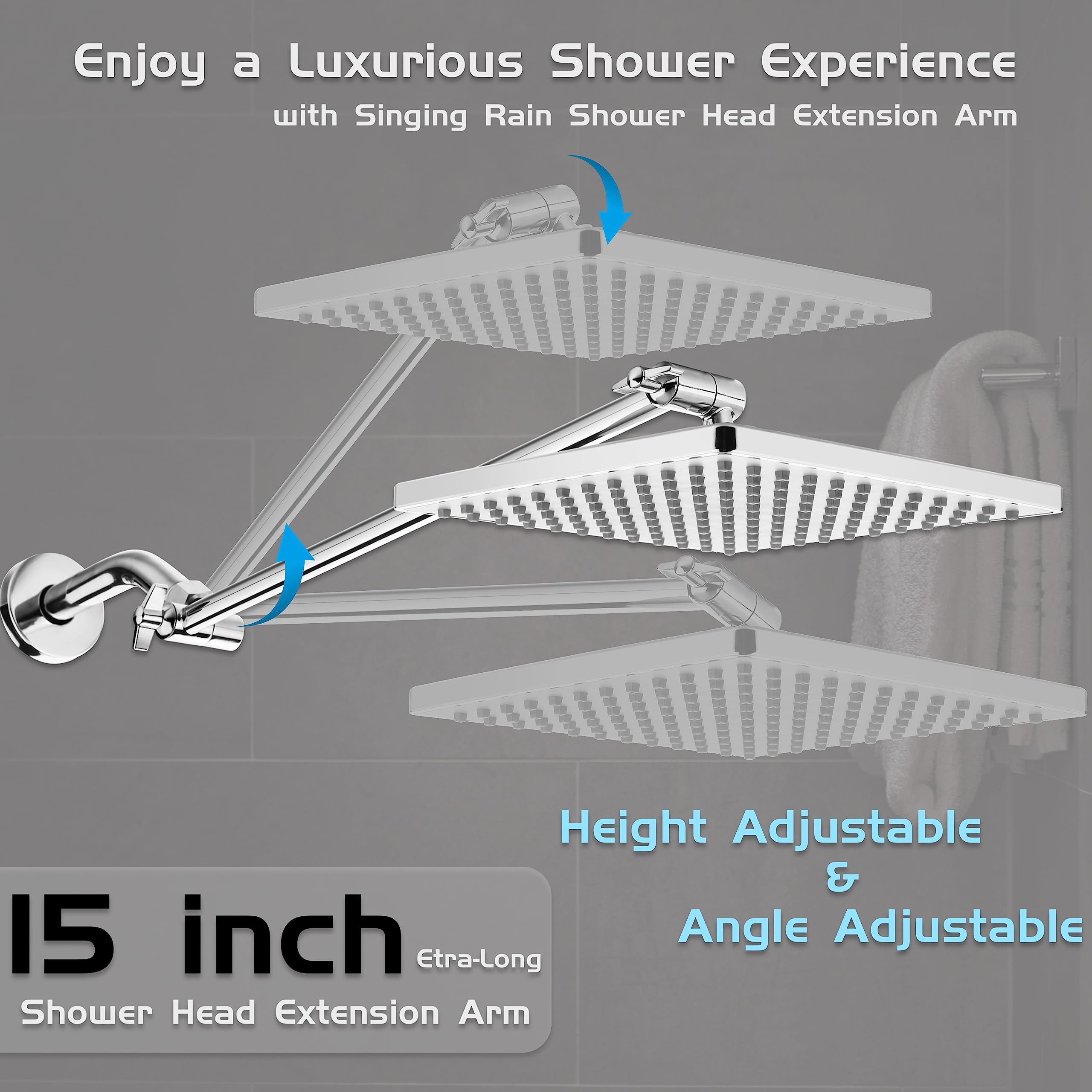 8'' Rain Shower Head with 15'' Extension Arm- ๐ฎ ๐ณ๐ผ๐ฟ ๐ญ ๐๐ผ๐บ๐ฏ๐ผ Large Surface Fixed Square Shower Head- Extra Long Adjustable Shower Head Extension Arm- Singing Rain Ultimate Shower Experience