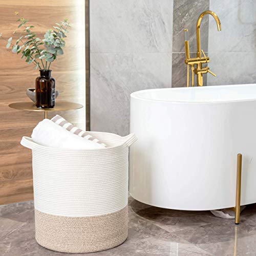 MINTWOOD Design Extra Large 20 x 18 Inches Decorative Woven Cotton Rope Basket, Tall Laundry Basket Hamper, Blanket Basket for Living Room, Round Storage Baskets for Pillows, Towels, Light Brown