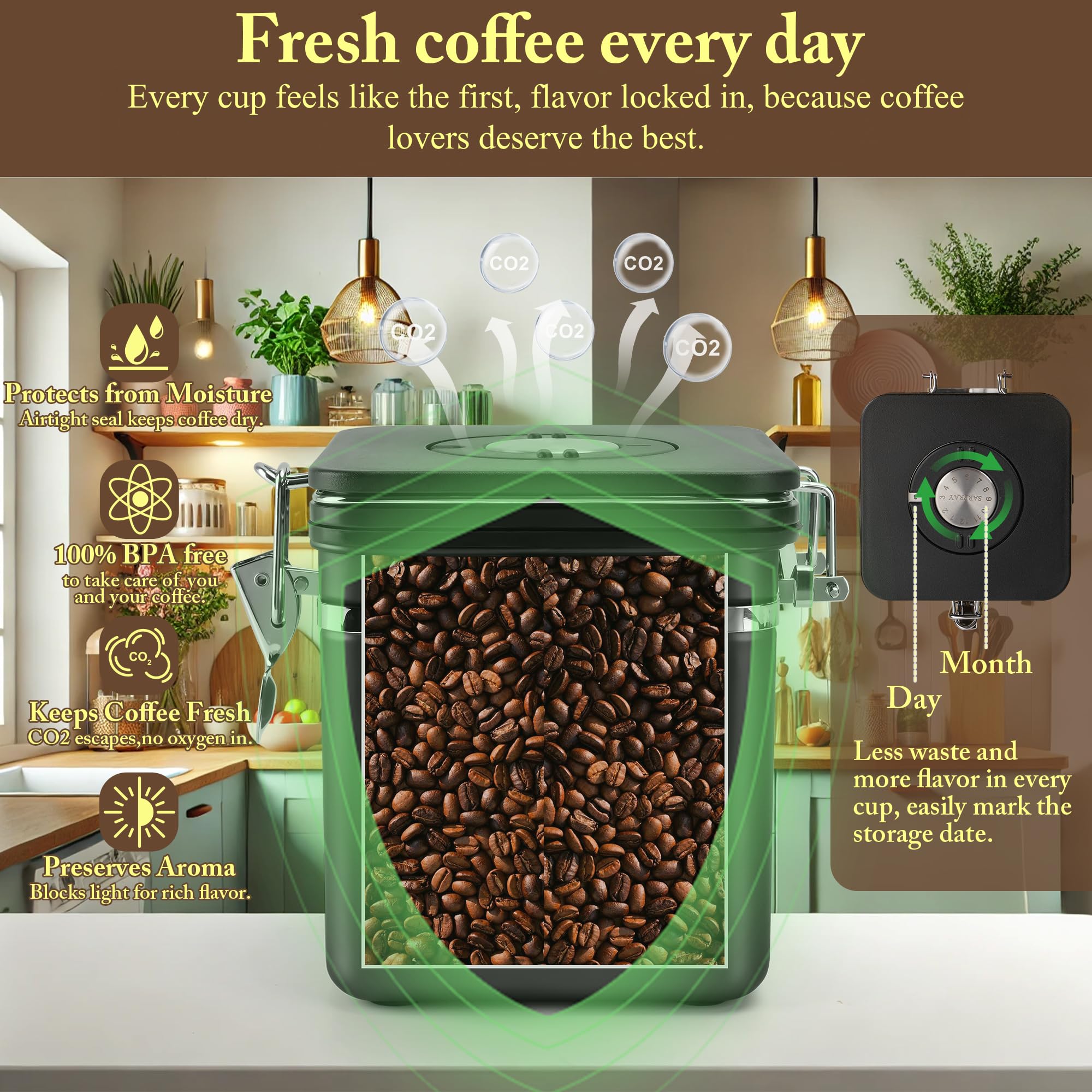 Airtight Coffee Canister with scoop, Stainless Steel Vacuum Coffee canister for Ground Coffee with Anti-Slip Base, Date Tracker Lid and Coffee Container for Cround Coffee Canister, Tea, Sugar, 21OZ