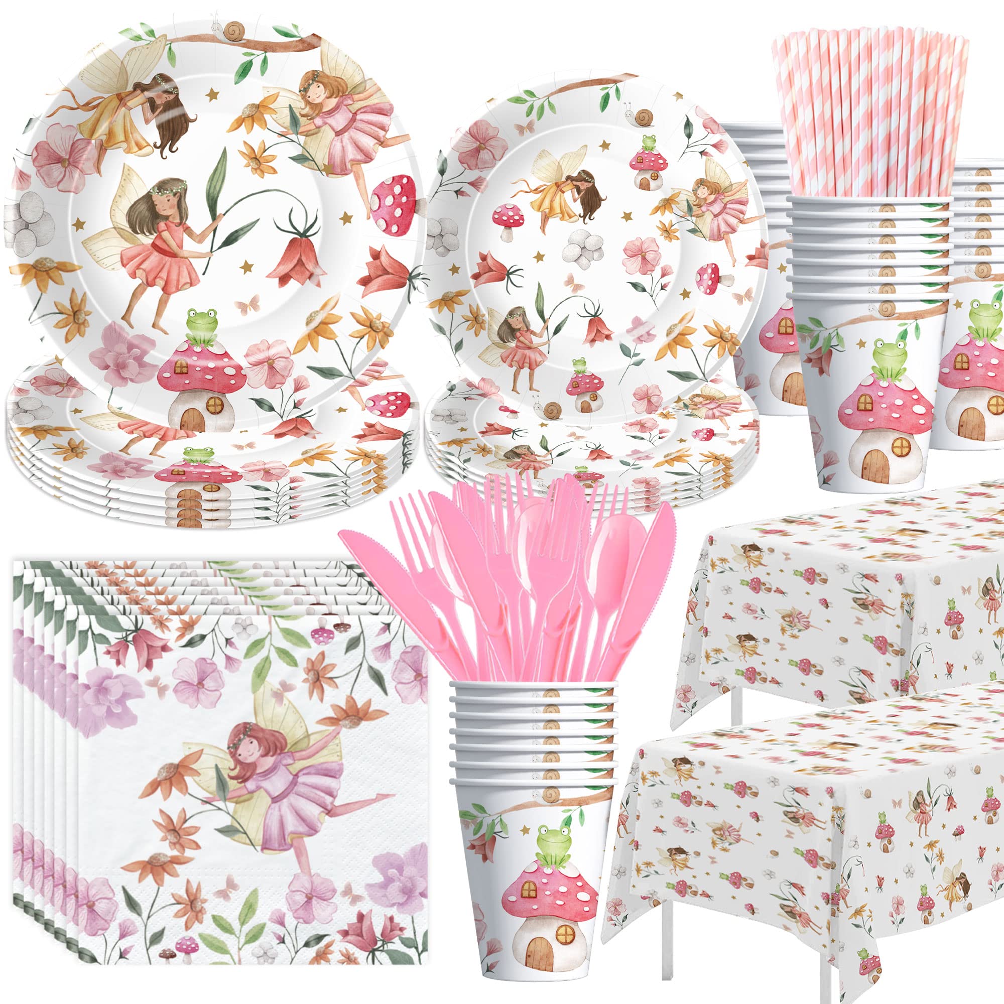 Xigejob Fairy Party Decorations Tableware - Fairy Birthday Party Supplies, Plate, Cup, Napkin, Tablecloth, Cutlery, Flower Fairies Enchanted Forest Garden Birthday & Baby Shower Decorations | Serve 24