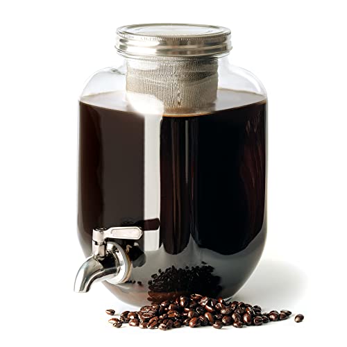 County Line Kitchen - Cold Brew Mason Jar Coffee Maker, Durable Glass, Heavy Duty Stainless Steel Filter, Lid, and Pour Spout - 4 Quart, (128 oz / 1 Gallon)