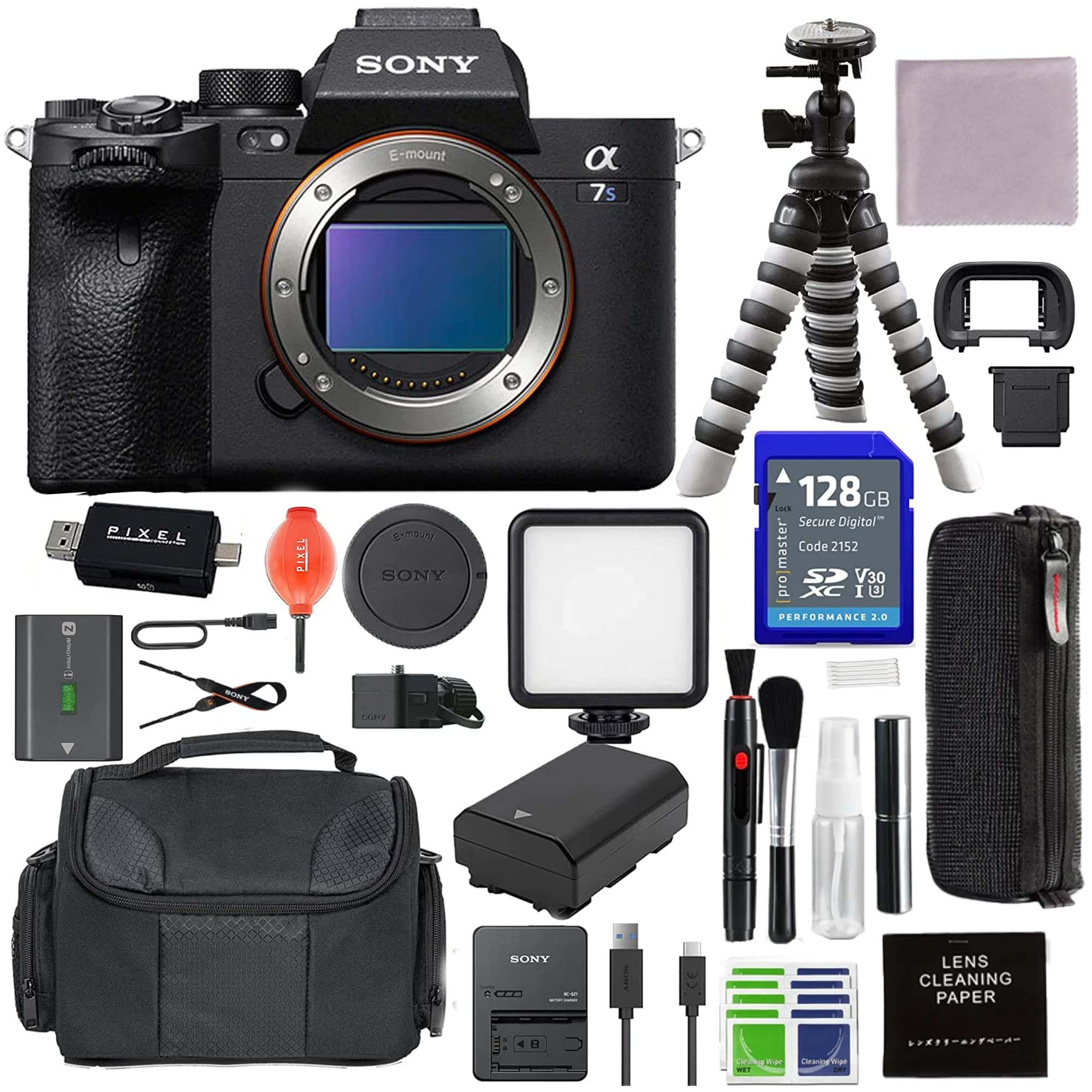 Sony Alpha a7S III Mirrorless Full Frame Camera Bundle with Extra Battery, 128GB Memory Card, Flexible Tripod, Connect LED Light + More | Sony a7SIII