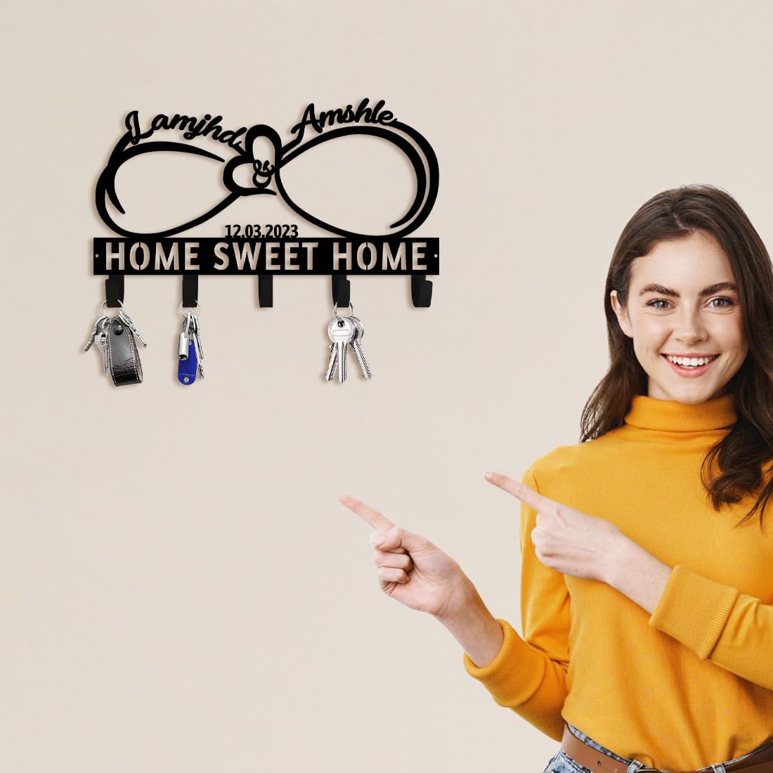 Personalized Key Holder for Wall, Custom Metal Infinity Heart Key Hooks with Name, Key Rack Organizer Wall Decorative for Entryway Doorway Hallway, Room Entrance Décor (Infinity-2)