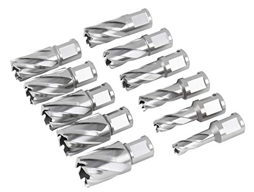 Accusize Industrial Tools 13 Pc 7/16'' to 1-1/16'' Hss Annular Cutters, 1'' Cutting Depth, 3/4'' Weldon Shank, with 2 Pilot Pins, Strong Box, N10