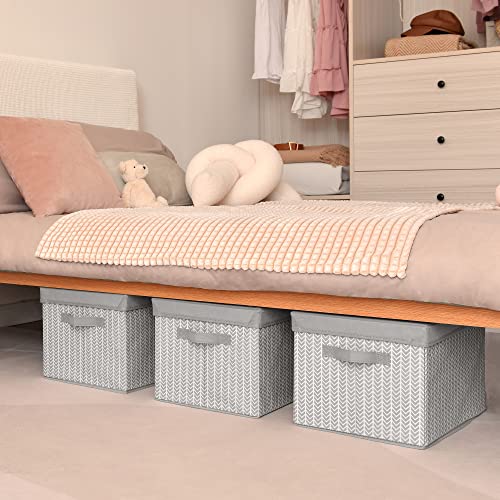 GRANNY SAYS Fabric Boxes with Lids, Storage Bins with Handles, Shelf Baskets for Organizing, Storage Containers Extra Large Storage Boxes for Linens Clothes, Gray/White, 3-Pack