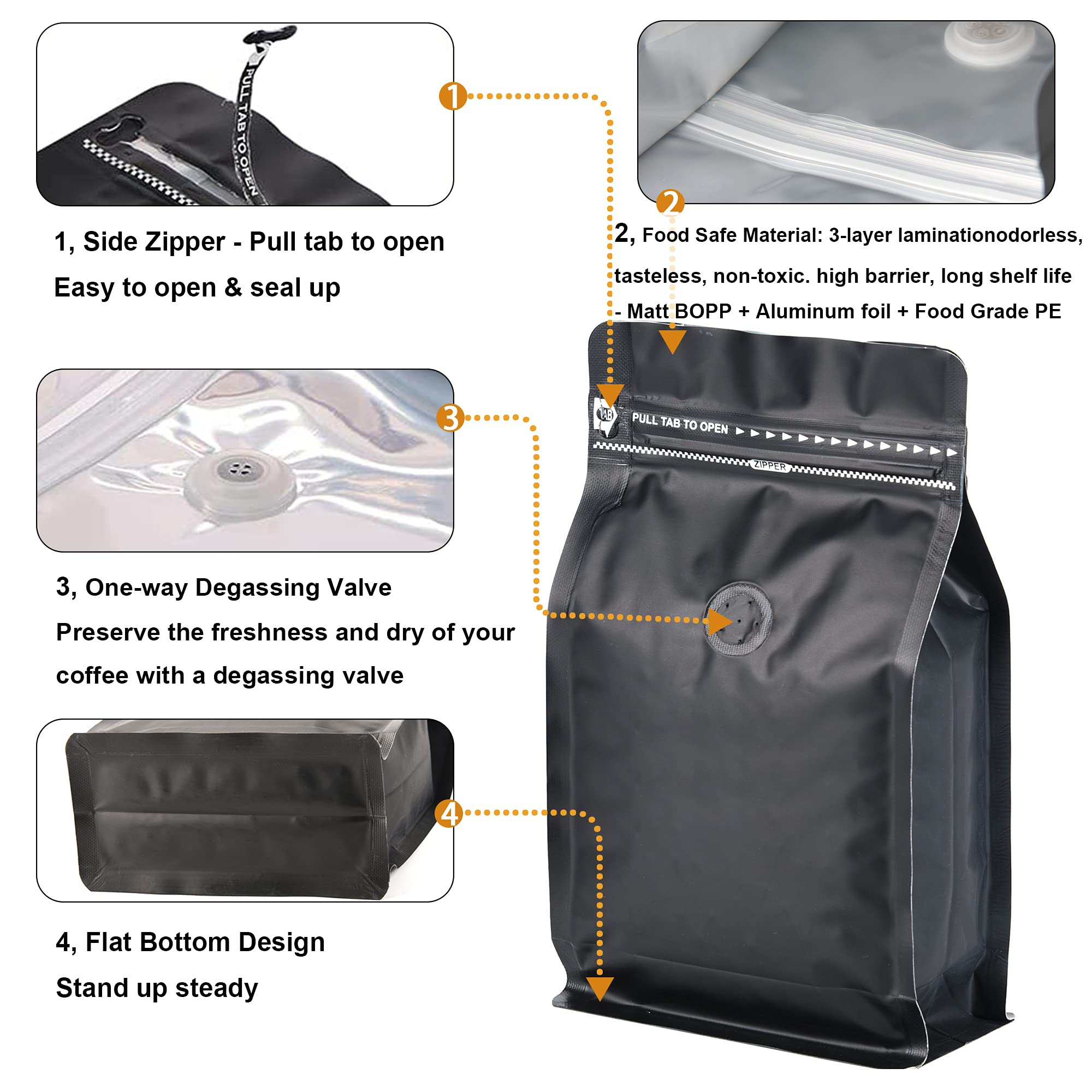 50 Pack Coffee Bags with Aluminum Foil and Degassing Valve, Resealable High Barrier Storage Bags, Odor-Proof for Coffee Beans, Stand Up Coffee Pouch, Flat Bottom (Medium-12OZ, Black)