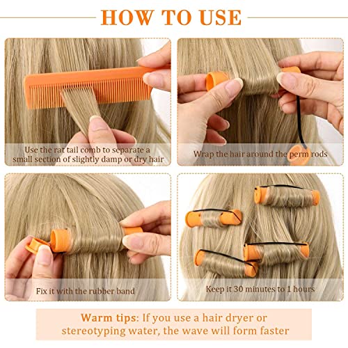 36 Pieces Cold Wave Rod Hair Perm Rods Hair Rollers Perming Rods Curlers with Steel Rat Tail Comb for Hairdressing Styling (Orange, 0.87 Inch)