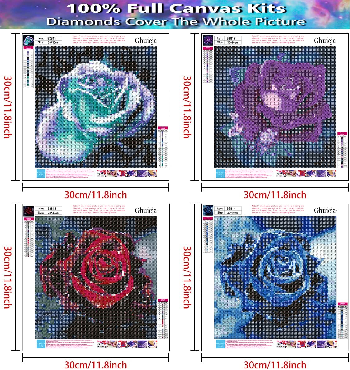 4 Pack Diamond Painting Kits for Adults 5D Rose Flower Diamond Art Kit for Beginners, DIY Paint with Round Full Drill Diamonds Paintings Gem Art for Christmas Home Wall Decoration Gift 11.8x11.8in