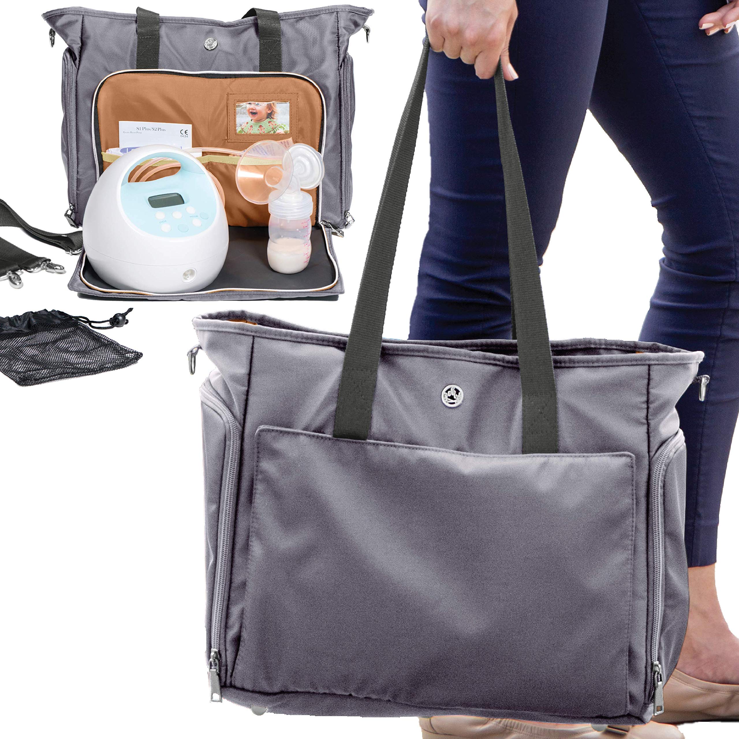 Zohzo Lauren Breast Pump Bag - Portable Tote Bag Great for Travel or Storage – Includes Padded Laptop Sleeve - Fits Most Major Pumps Including Medela and Spectra Breastpump (Black)