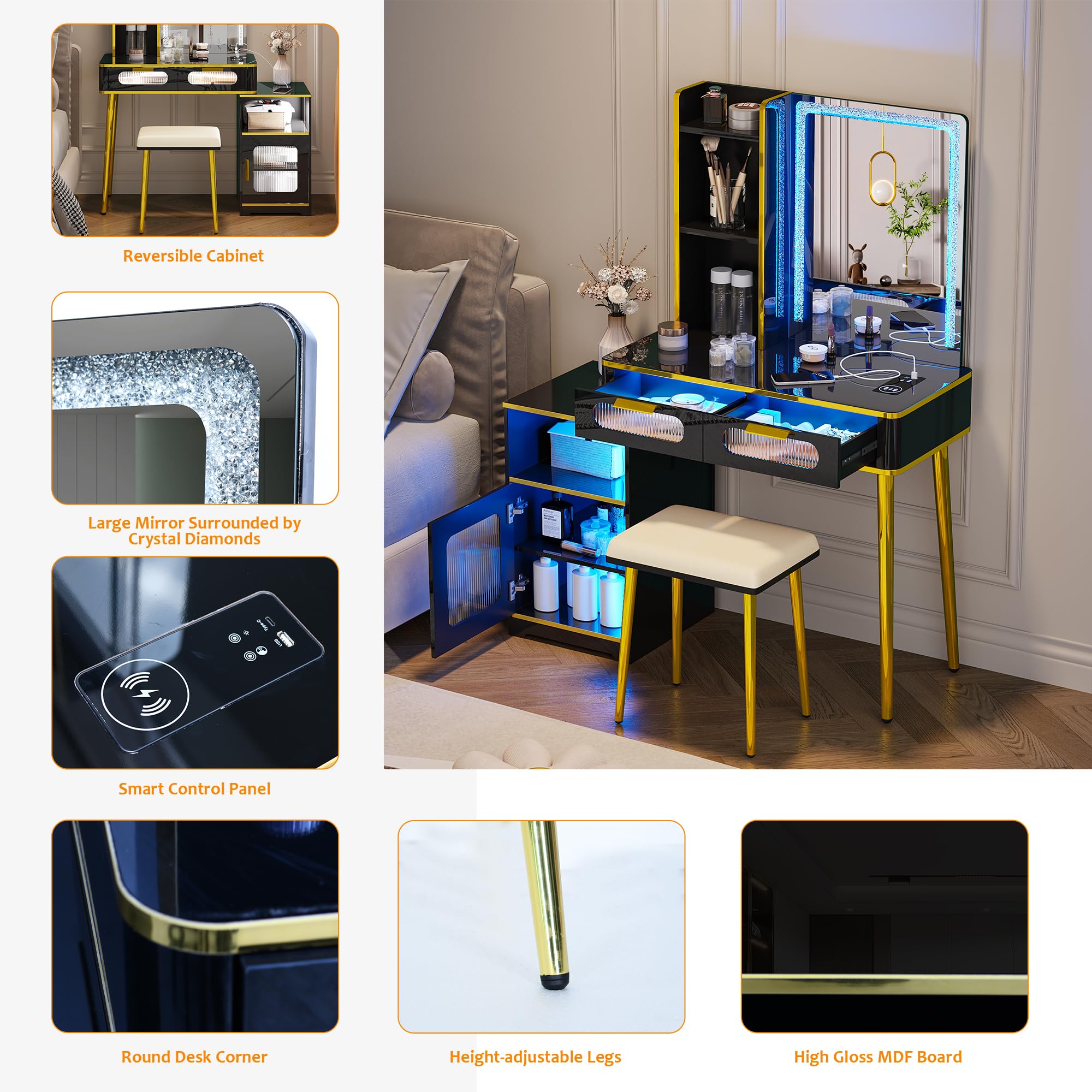 SKKTKT LED Vanity Desk, Retractable Makeup Vanity with Nightstand and Lighted Mirror, Black Makeup Vanity with Voice Control & Charging Station, Dressing Table Set with Jewelry Organizer