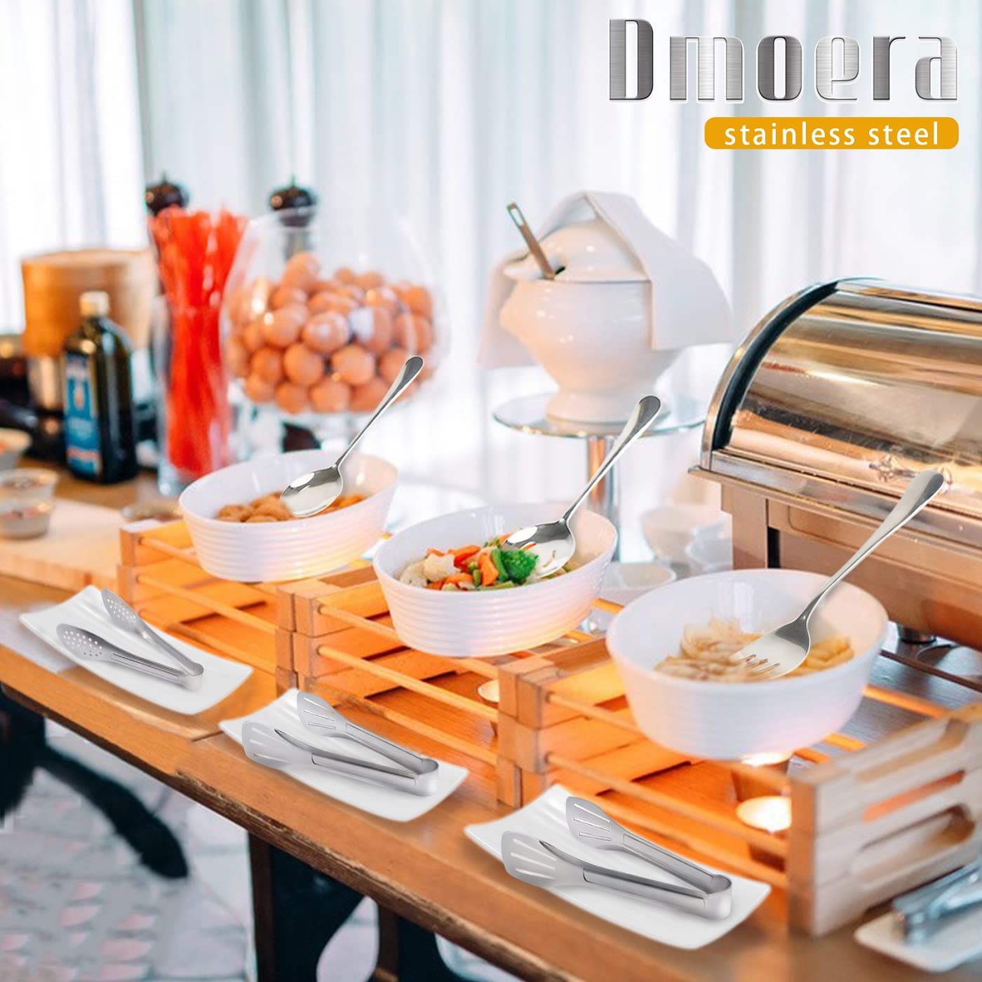 8 Pieces Stainless Steel Flatware Serving Utensils, Include 2 Serving Spoons, 2 Slotted Spoons, 2 Tongs and 2 Forks for Party Buffet Banquet Kitchen